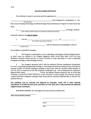 Fillable Online Seller's Closing Certificate - New Jersey Economic ...