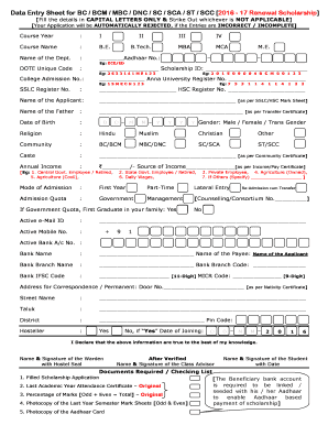 Fillable Online vvcet ac 3.1 Data Entry Sheet for BC, BCM, MBC, DNC, SC, SCA, ST, SCC ... Fax ...