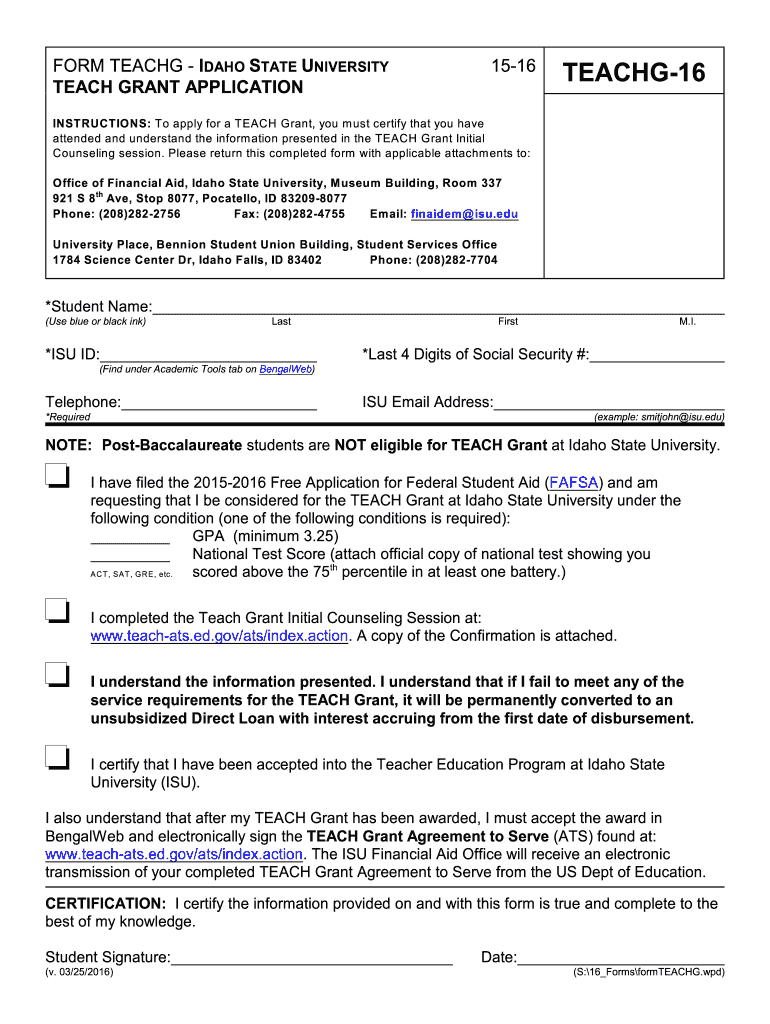 Fillable Online isu FORM TEACHG - IDAHO STATE UNIVER SIT Y 15-16 TEACHG ...