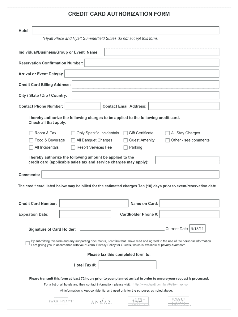 Fillable Online CREDIT CARD AUTHORIZATION FORM - hyatt.com Fax Email ...