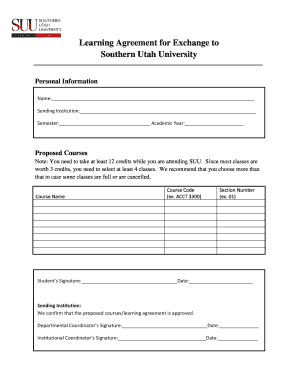 Fillable Online suu Learning Agreement for Exchange to Southern Utah University - suu Fax Email ...