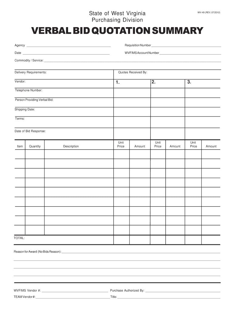 Fillable Online wvde state wv VERBAL BID QUOTATION SUMMARY Fax Email Print - pdfFiller