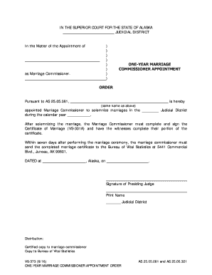 Fillable Online VS-373 One-Year Marriage Commissioner Appointment Order. Vital Statistics Form ...