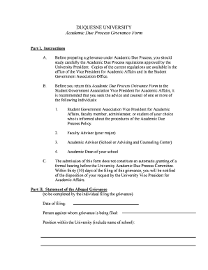 Fillable Online duq DUQUESNE UNIVERSITY Academic Due Process Grievance ...