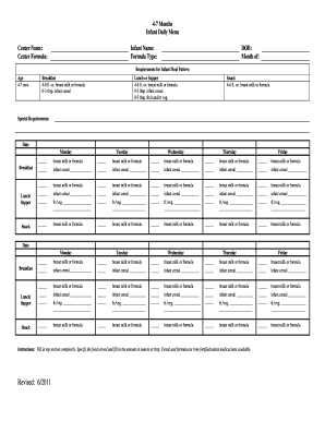 Fillable Online doe k12 de 4-7 Months Infant Daily Menu Infant Name ...