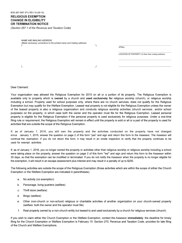 Fillable Online boe ca Religious Exemption Change in Eligibility or ...