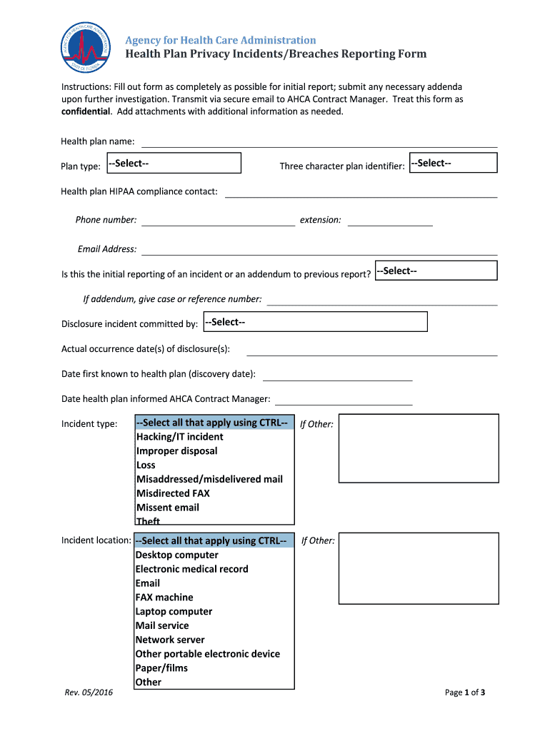 Fillable Online fdhc state fl Health Plan Privacy Incidents/Breaches ...