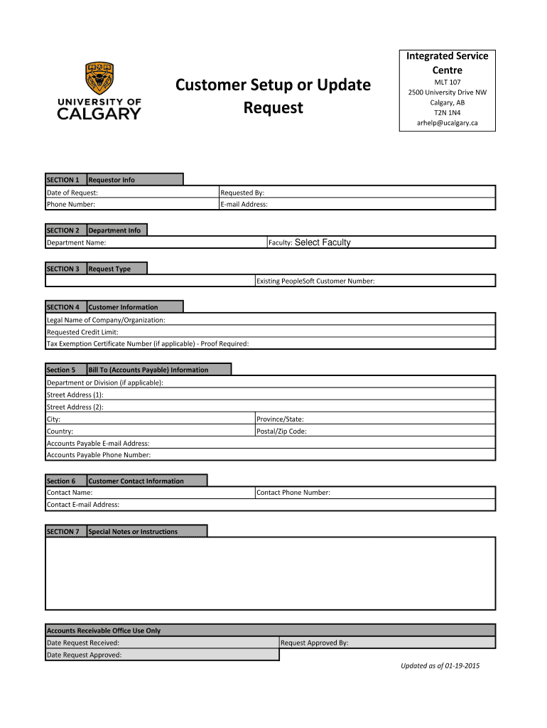 Fillable Online ucalgary Customer Setup or Update Request - University of Calgary Fax Email ...