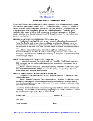 Fillable Online immaculata Parent Plus Title IV Authorization Form - immaculata Fax Email Print ...
