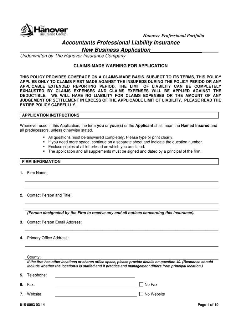 Fillable Online CLAIMS-MADE WARNING FOR APPLICATION - hanover.com Fax ...