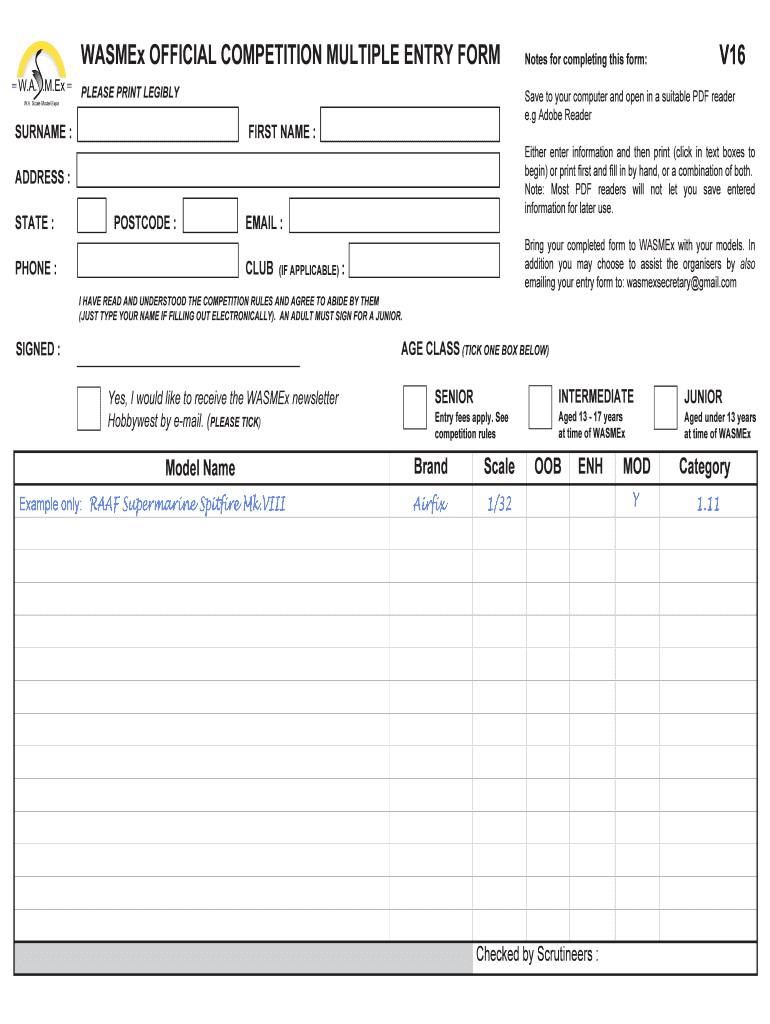 Fillable Online wasmex WASMEx OFFICIAL COMPETITION MULTIPLE ENTRY FORM ...