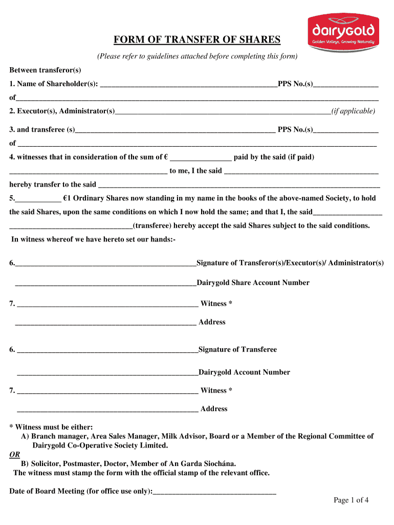 Fillable Online dairygold FORM OF TRANSFER OF SHARES - dairygold.ie Fax ...