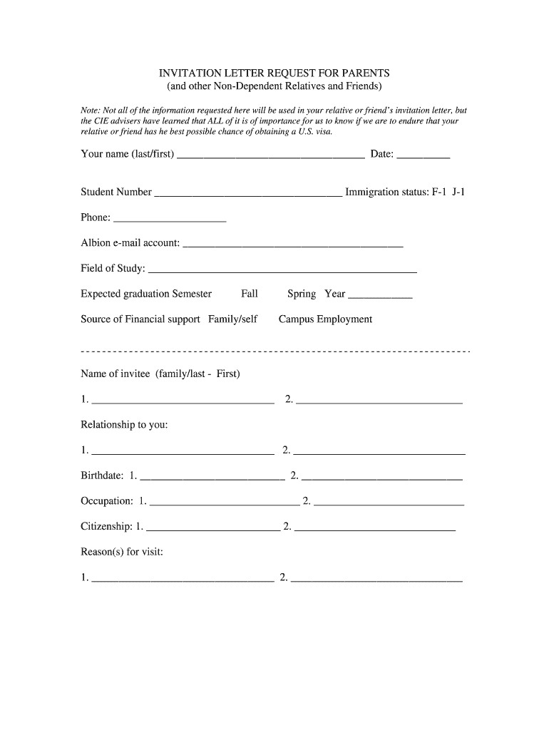 Fillable Online albion INVITATION LETTER REQUEST FOR PARENTS - albion Fax Email Print - pdfFiller