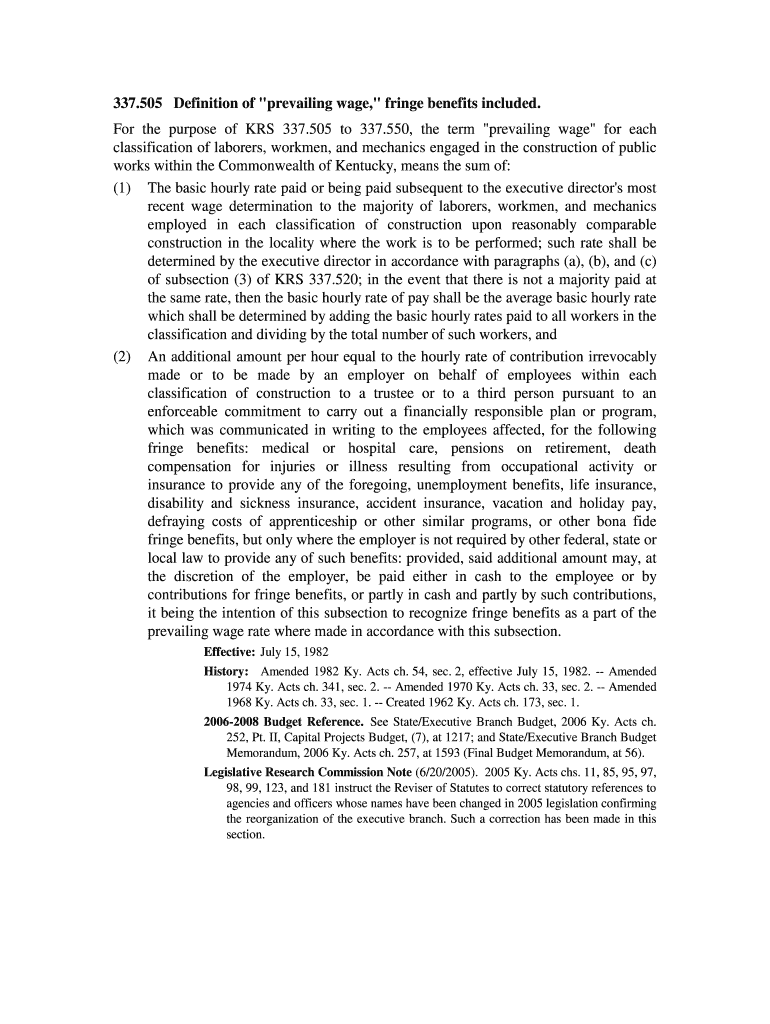 Fillable Online psc ky 505 Definition of "prevailing wage," fringe ...