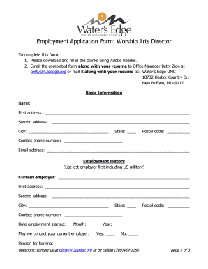 Fillable Online careerservices asburyseminary Employment Application Form: Worship Arts Director ...
