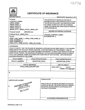 Fillable Online State Farm Certificate of Insurance - Texas Department ...