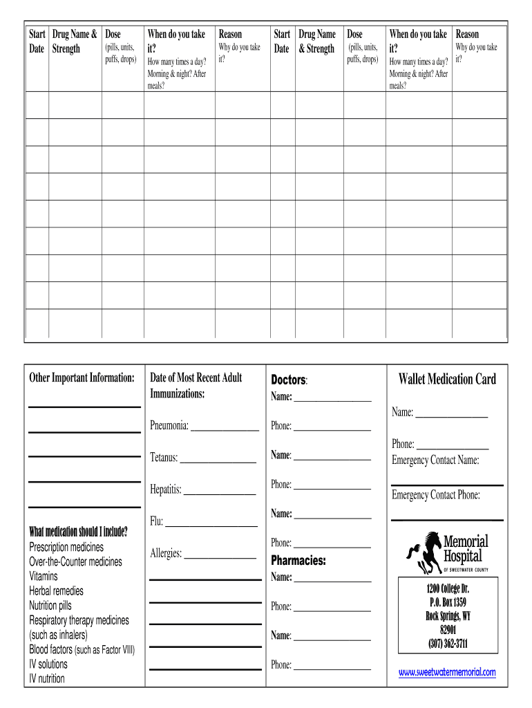 Fillable Online Wallet Medication Card - single - Memorial Hospital Of ...
