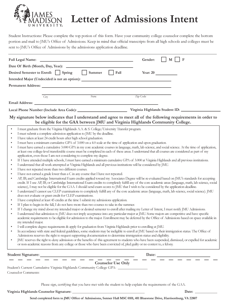 Fillable Online jmu Letter of Admissions Intent - James Madison ...
