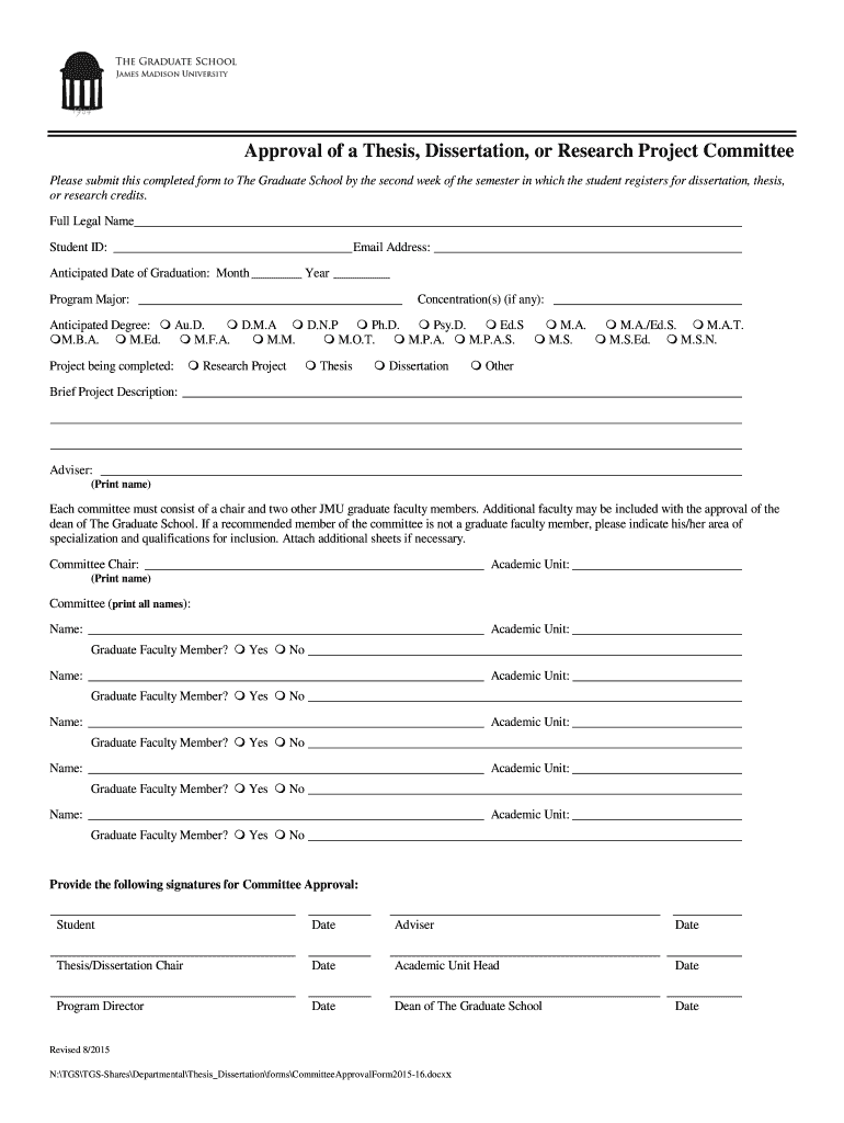 Fillable Online jmu Approval of a Thesis, Dissertation, or Research Project ... Fax Email Print ...