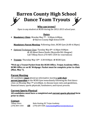 Fillable Online barren kyschools Dance Team Tryouts Fax Email Print ...
