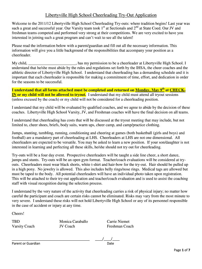 Fillable Online Libertyville High School Cheerleading Try-Out ...