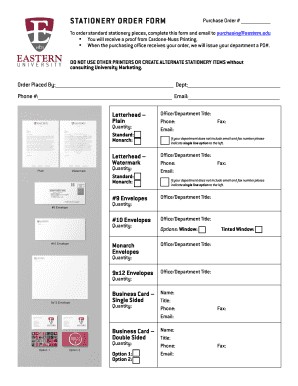 Fillable Online eastern Stationery Order Form (Office of Purchasing) - Eastern University Fax ...