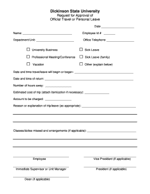 Fillable Online dickinsonstate Request for Approval of Official Travel or Personal Leave Form ...