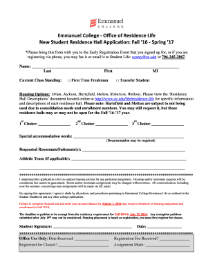 Fillable Online New Student Residence Hall Application: Fall 16 ...