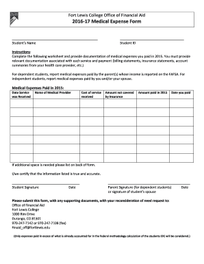 Fillable Online fortlewis 2015-16 Medical Expense Form - fortlewis Fax ...