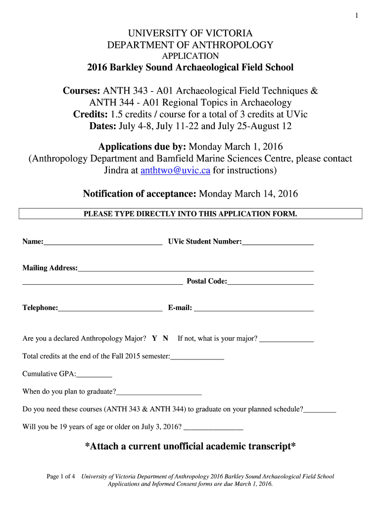 Fillable Online uvic ANTH 343 - A01 Archaeological Field Techniques Fax Email Print - pdfFiller