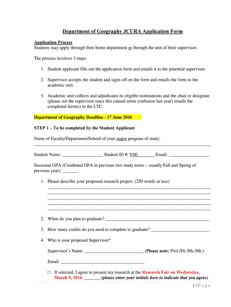 Fillable Online uvic Department of Geography JCURA Application Form Fax ...
