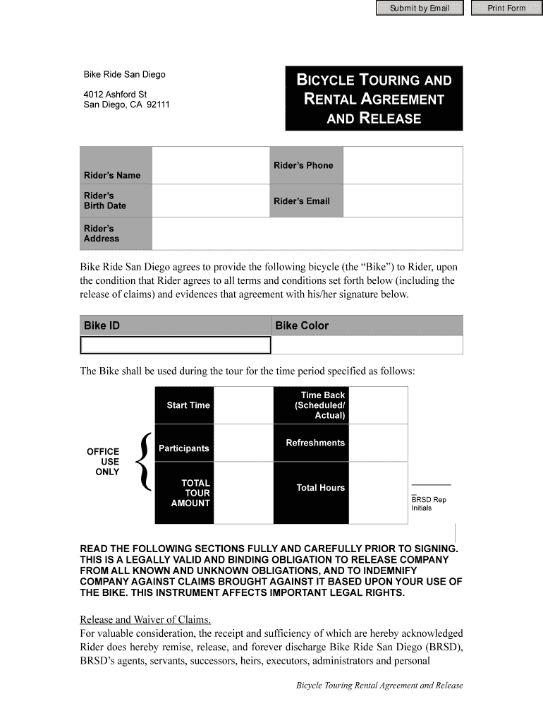 Fillable Online Bike Ride San Diego BICYCLE TOURING AND 4012 Ashford St ... Fax Email Print ...