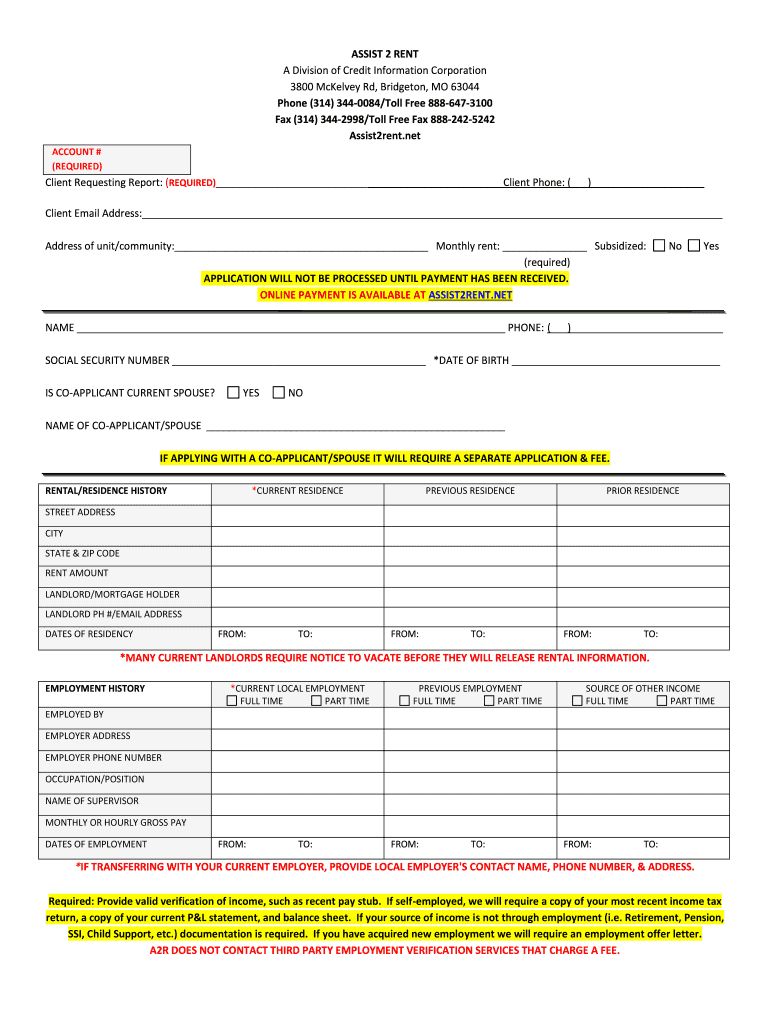 Fillable Online assist2rent printable application - assist 2 rent ...
