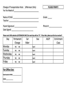 Fillable Online shelbyed k12 al Change of Transportation Note ...