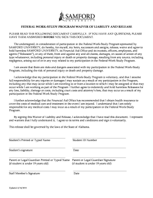 Fillable Online samford FEDERAL WORK-STUDY PROGRAM WAIVER OF LIABILITY AND RELEASE - samford Fax ...