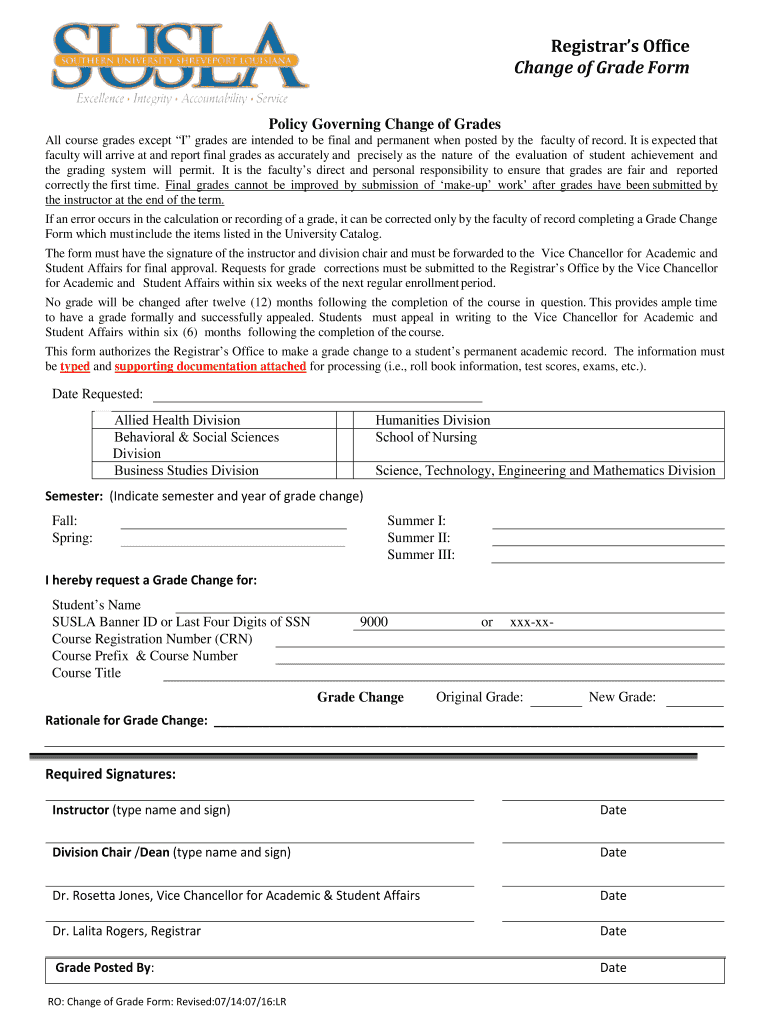 Fillable Online Registrar's Office Change of Grade Form Fax Email Print - pdfFiller