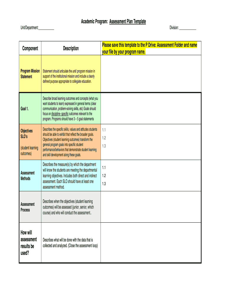 Fillable Online uscupstate Academic Program: Assessment Plan Template ...