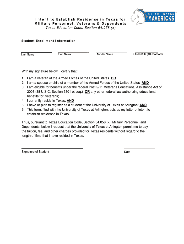 Fillable Online uta Intent to Establish Residence in Texas for Military ...