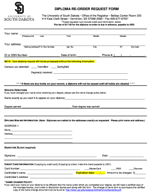 Fillable Online usd diploma re-order request form - University of South ...