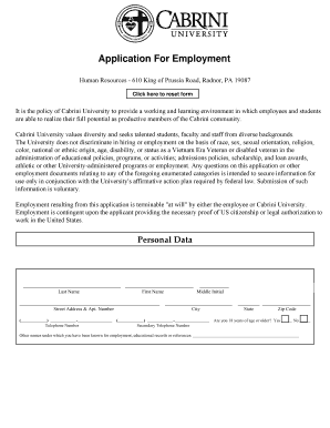 Fillable Online cabrini Employment Application - PDF - Cabrini College Fax Email Print - pdfFiller