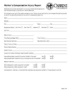 Fillable Online cabrini Worker's Compensation Injury Report - PDF Fax ...