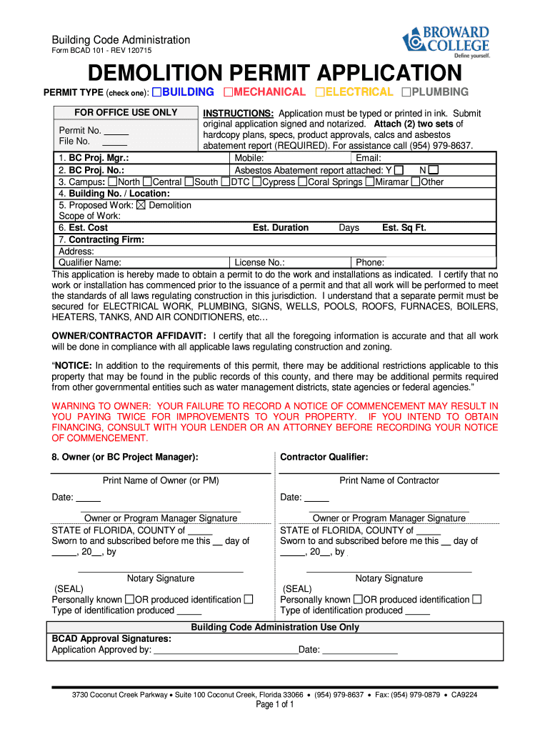 Fillable Online broward Form BCAD 101 - REV 120715 DEMOLITION PERMIT ...