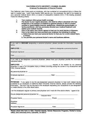 Fillable Online csuci Employee Pre-designation of Personal Physician ...