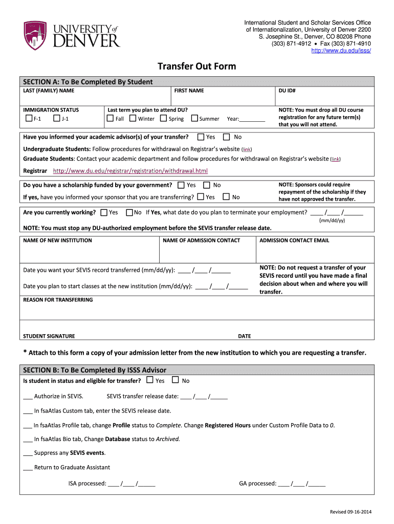 Fillable Online du Transfer Out Form - University of Denver Fax Email ...