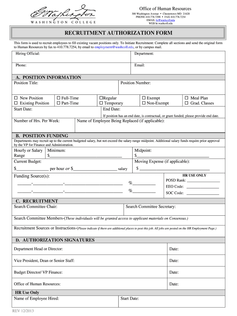 Fillable Online washcoll RECRUITMENT AUTHORIZATION FORM - Washington ...