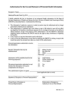 Fillable Online dhcfp nv Authorization for the Use and Disclosure of Protected ... Fax Email ...