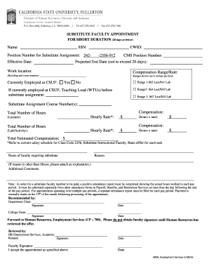 Fillable Online hr fullerton CWID: Position Number for Substitute ...