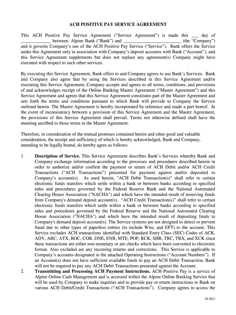 Fillable Online ACH POSITIVE PAY SERVICE AGREEMENT - Alpine Bank Fax ...