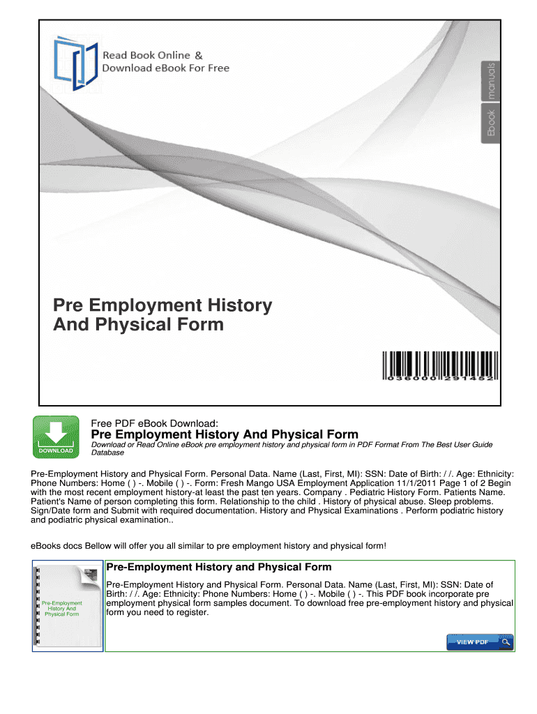 Fillable Online Pre Employment History And Physical Form Fax Email ...