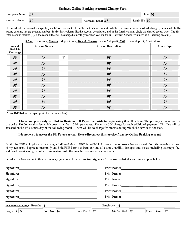 Fillable Online Business Online Banking Account Change Form Fax Email ...